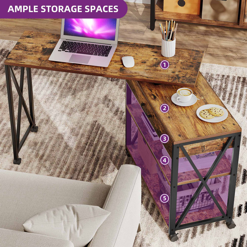 Mineo 35.4 Rotating L Shaped Writing Desk with Drawer Storage Shelves Rustic Brown